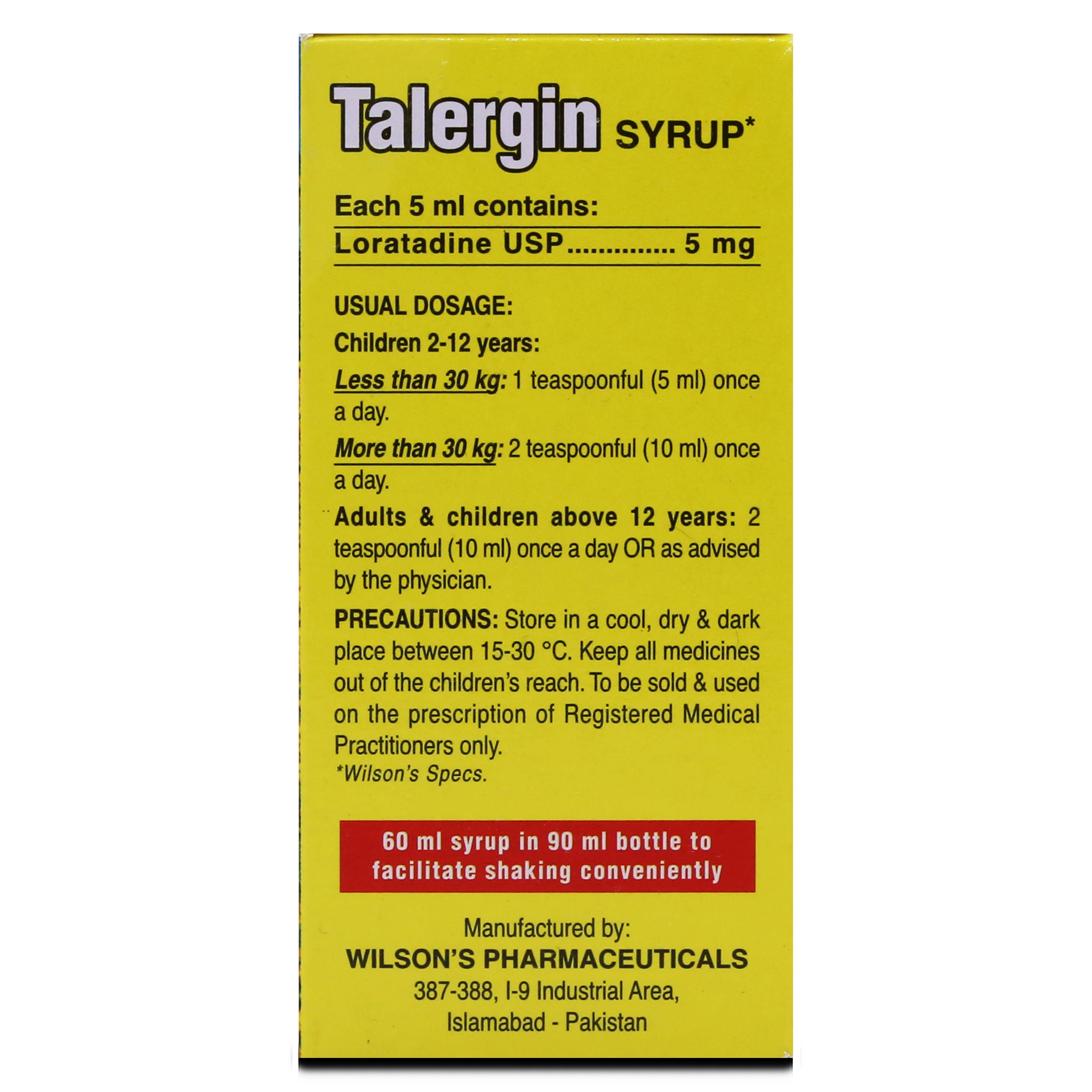 Talergin 5mg/5ml Syrup 60 ml - Uses, Benefits, Side Effects